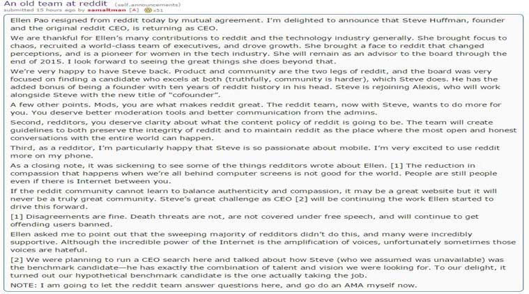 Ellen Pao steps down as Reddit CEO, Steve Huffman returns | Technology ...