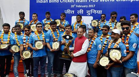 Sports Minister Vijay Goel felicitates Indian blind cricket team ...