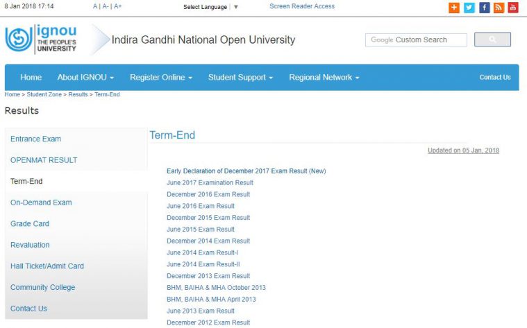 IGNOU December 2017 exam: Term end result released at ignou.ac.in ...