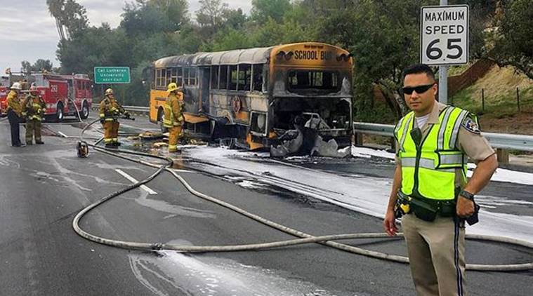 US: School bus catches fire on LA freeway; all 23 kids escape | World ...