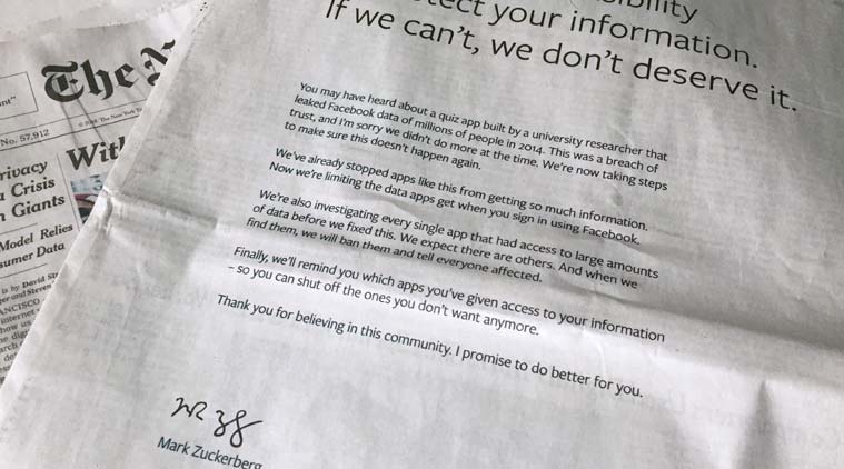 Facebook takes out full page apology ad in US, UK newspapers after data ...