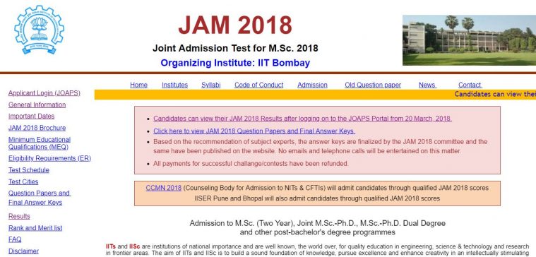 IIT JAM 2018: Result declared at jam.iitb.ac.in, steps to check ...