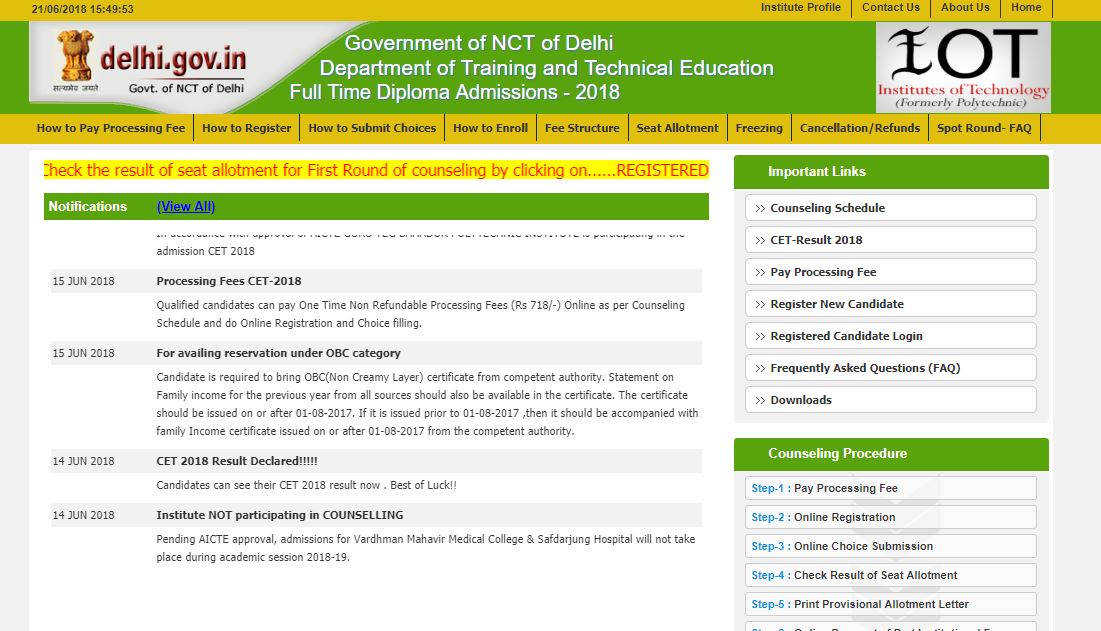 Delhi CET 2018: First round seat allotment results declared at cetdelhi ...