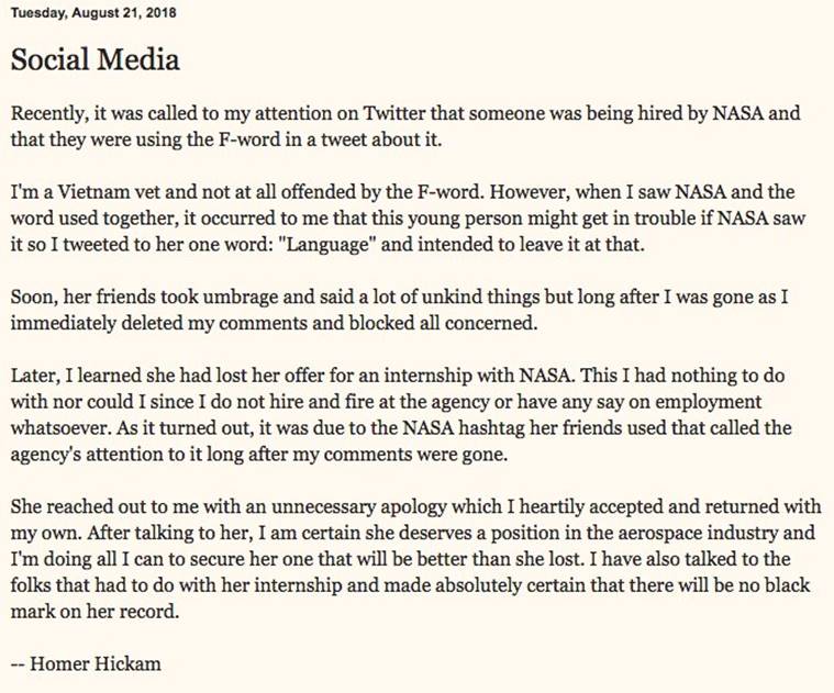 ‘SHUT THE F*#% UP!’ Woman loses NASA internship after abusive Twitter ...