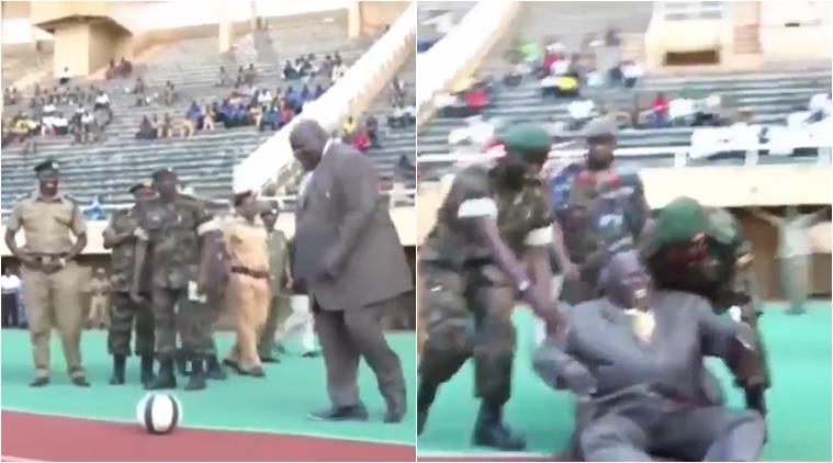 Ugandan deputy PM takes a tumble after kicking football, video goes ...