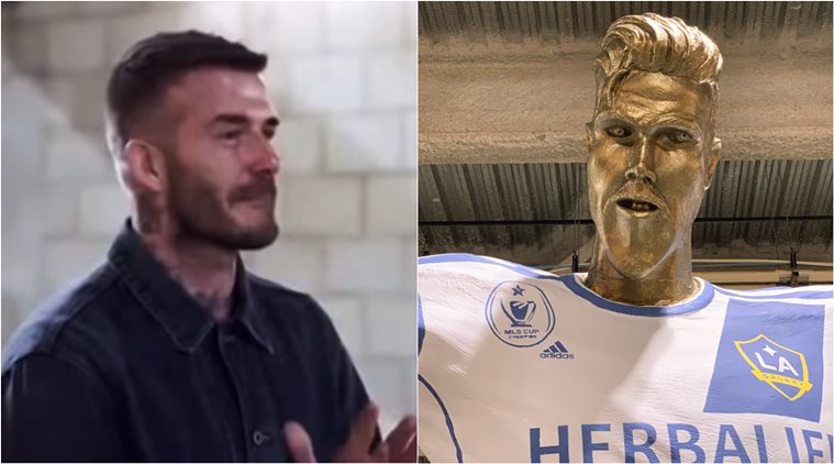 James Corden pranks David Beckham with a horrendous fake statue of him ...
