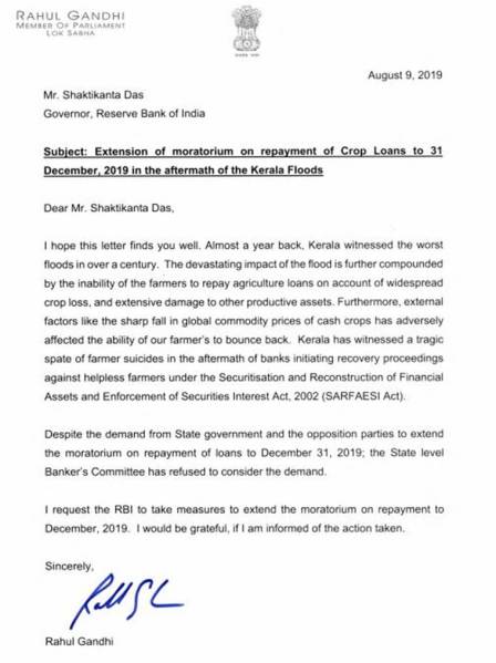 In letter to RBI Governor, Rahul Gandhi seeks relief for Kerala farmers ...