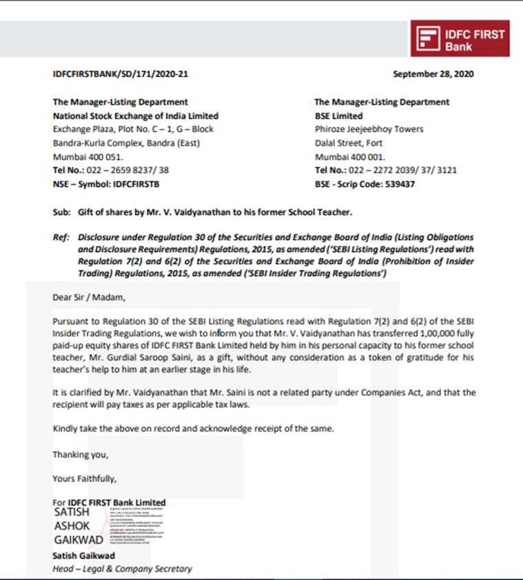 Why IDFC First Bank’s CEO gifted shares worth Rs 30 lakh to former ...