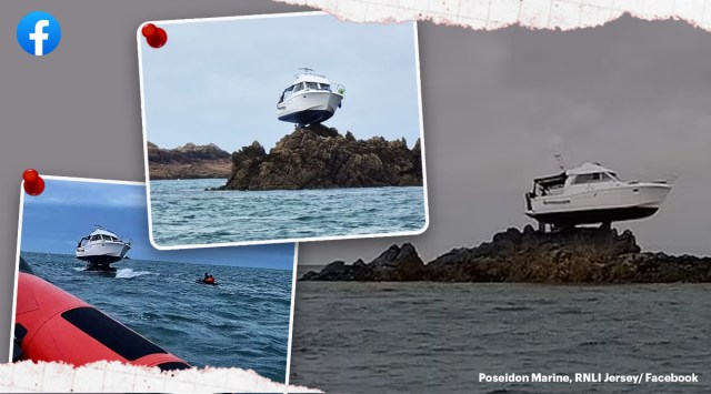 Photos of a boat, stranded 10-feet in air atop rocks in the English ...