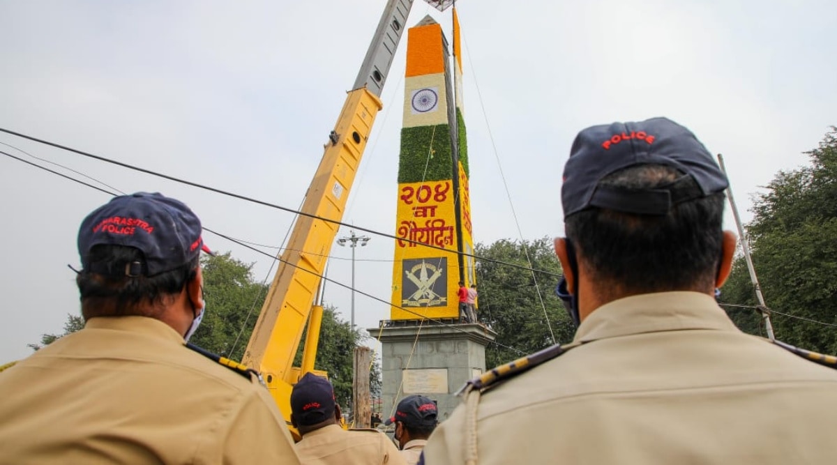 Jaystambh decorated with insignia of Indian Army’s Mahar Regiment ...