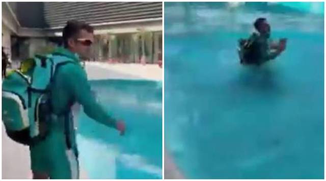 Watch: Alex Carey hilariously falls into swimming pool in Karachi hotel ...