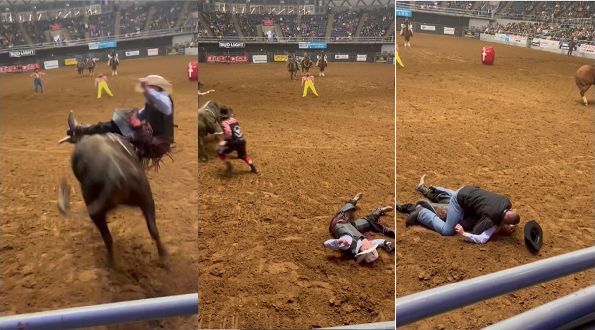 Father jumps instinctively to shield son from raging bull at US rodeo ...
