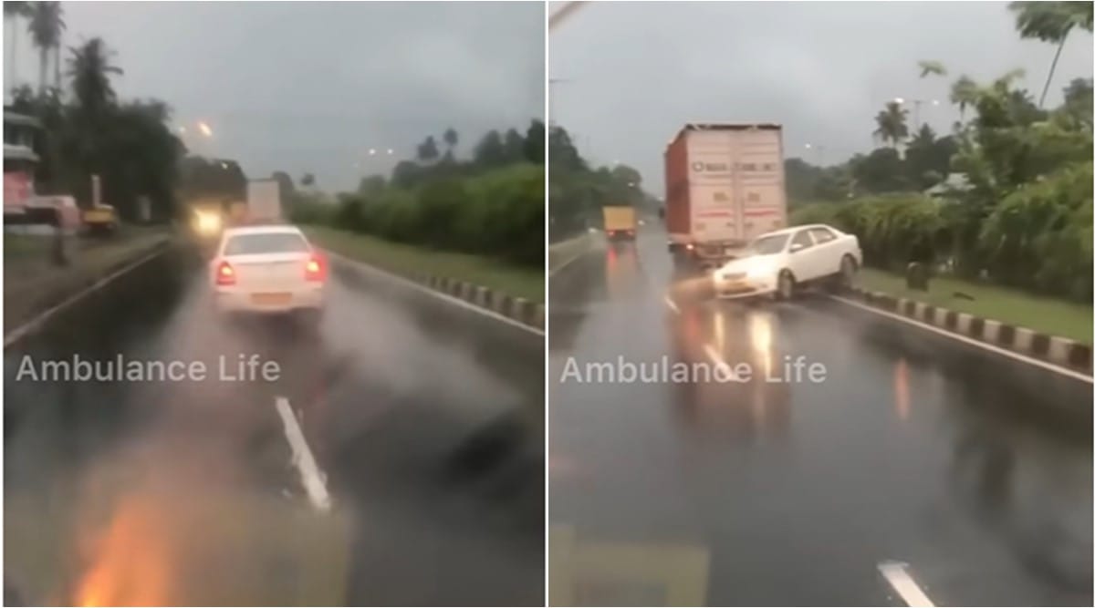 Watch: Speeding car driving ahead of ambulance hydroplanes in Kerala ...