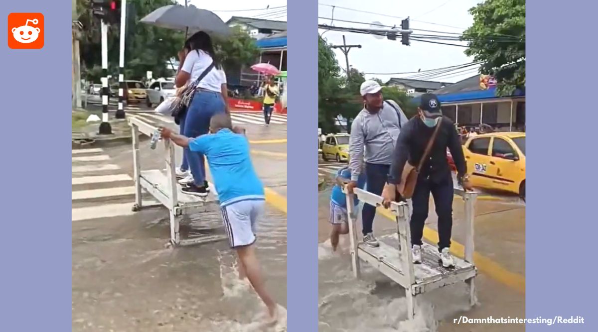 Colombian man’s ingenuity to help people cross flooded roads goes viral | Trending News - The ...