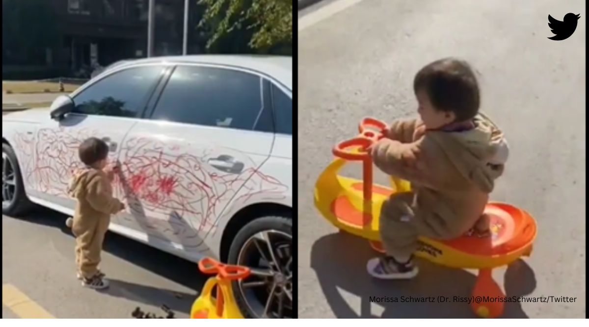 Naughty child uses red lipstick to scribble on white car. Watch video ...