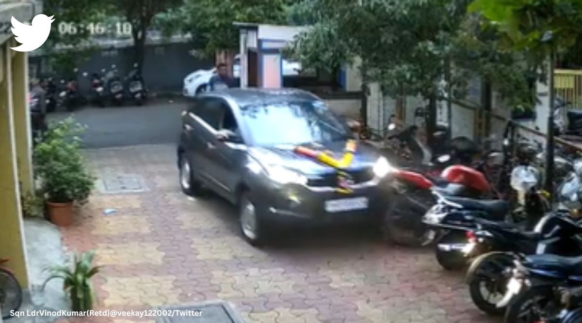 ‘A grand arrival’: Car crashes into parked bikes, tilts on two wheels ...