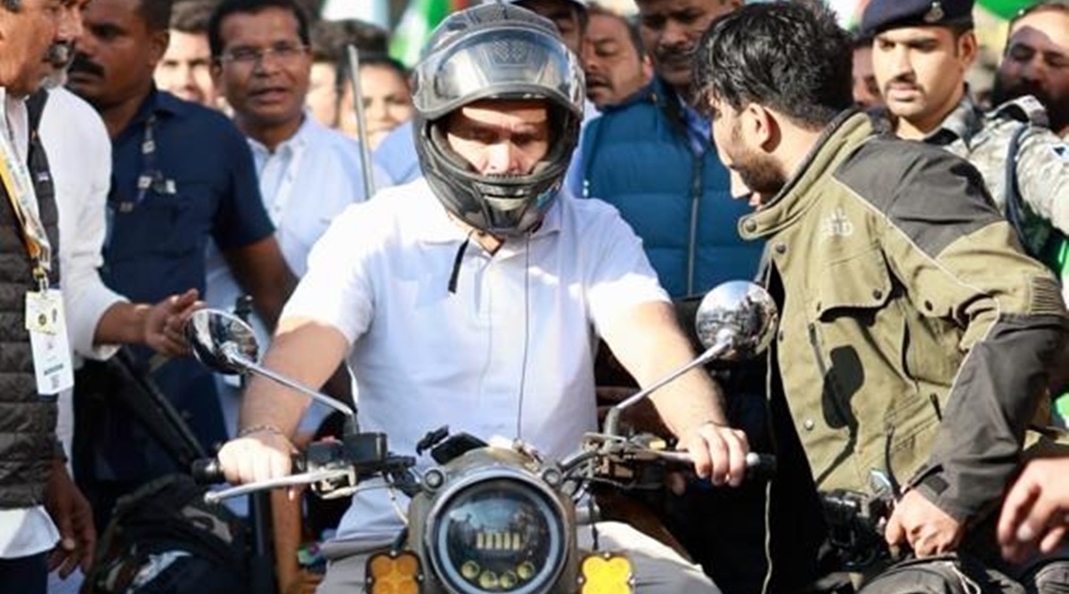 A break from the walk: Rahul Gandhi rides a bike during Bharat Jodo Yatra in Madhya Pradesh ...