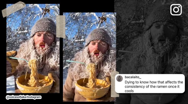 Man attempts to eat a bowl of ramen noodles in extreme cold. Video ...
