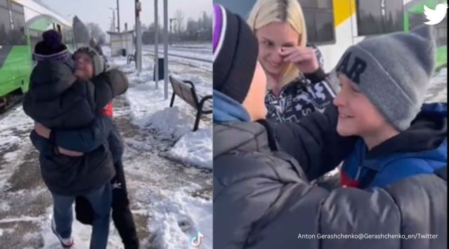 Overwhelmed with joy, Ukrainian boys hug each other and fall. Reunion ...