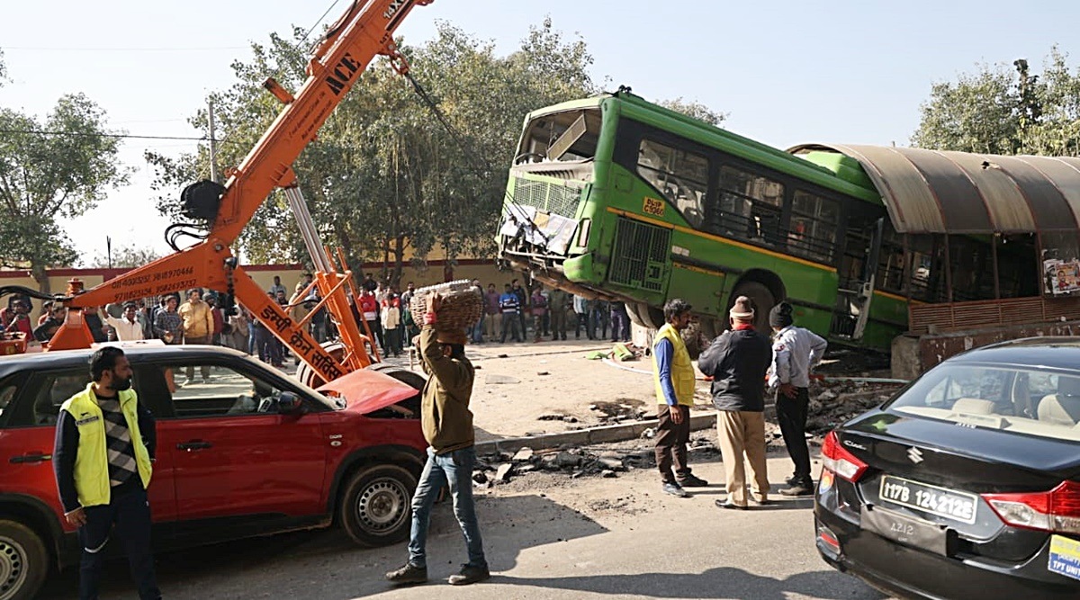 DTC bus swerves to avoid 2-wheeler, crashes into car, lands up in ...