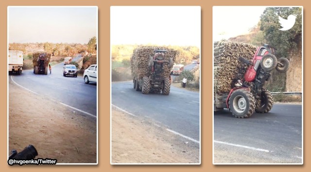 Driver manoeuvres an overloaded tractor with its front wheels up. Watch ...