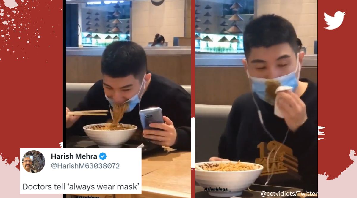Hilarious goof-up caught on camera as a man tries to eat noodles while ...