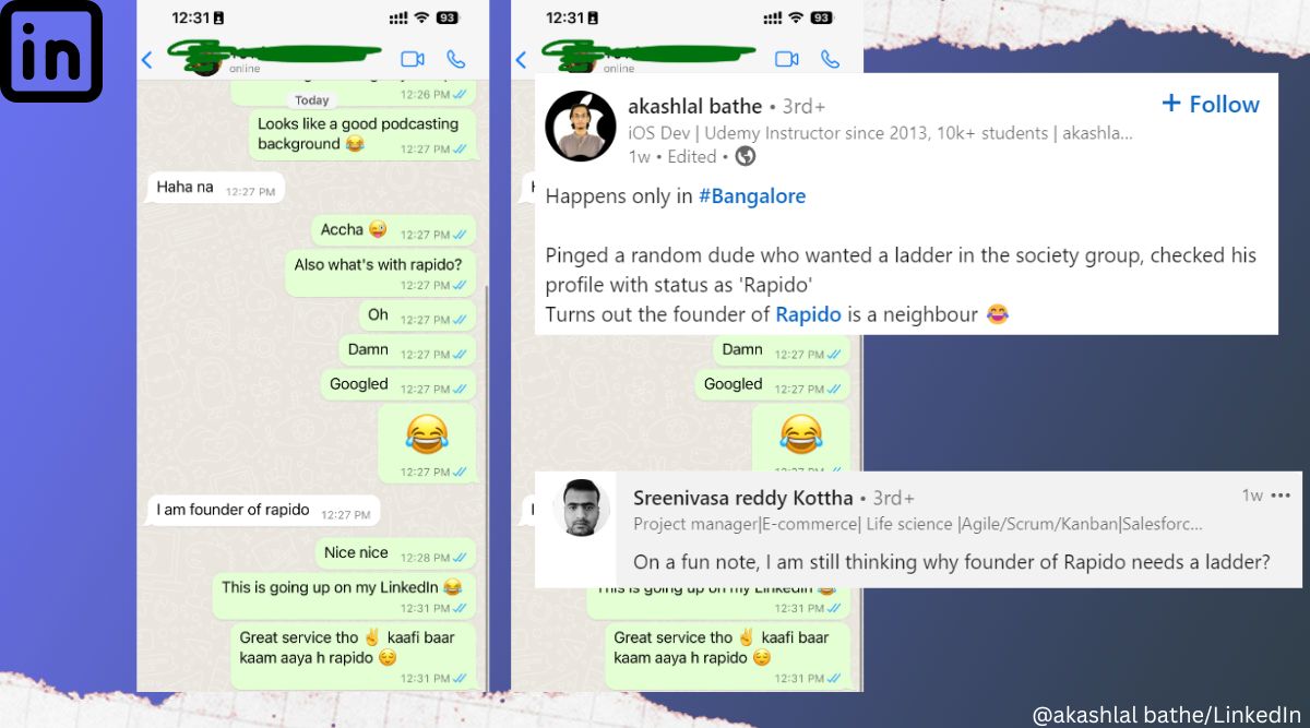 This is how a Bengaluru man found out his neighbour is a co-founder of Rapido. See LinkedIn post ...