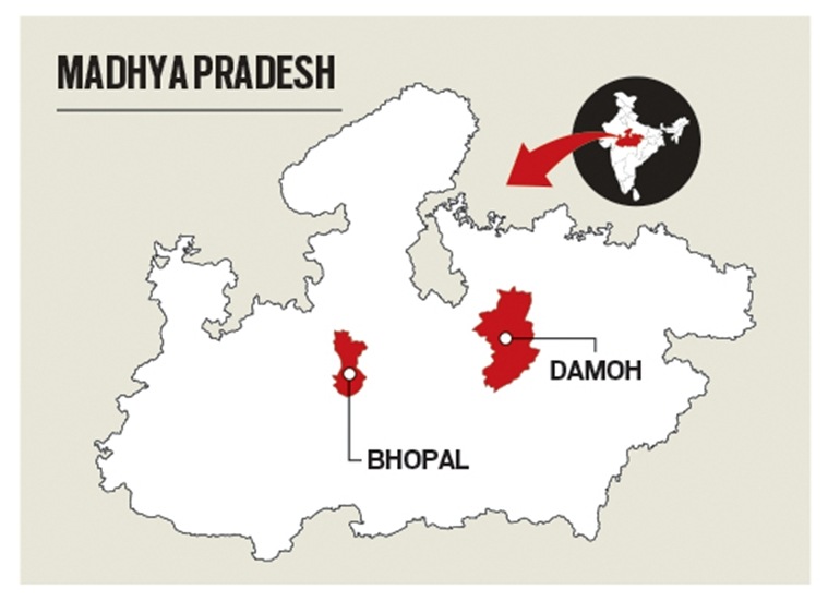 A map showing Damoh in Bhopal, Madhya Pradesh