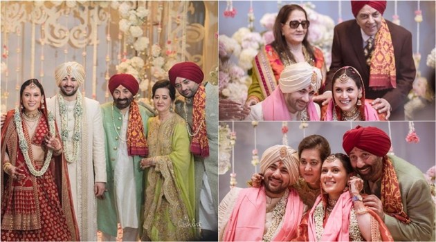 Dharmendra-Prakash Kaur, Sunny Deol-Pooja Deol pose with newlyweds ...