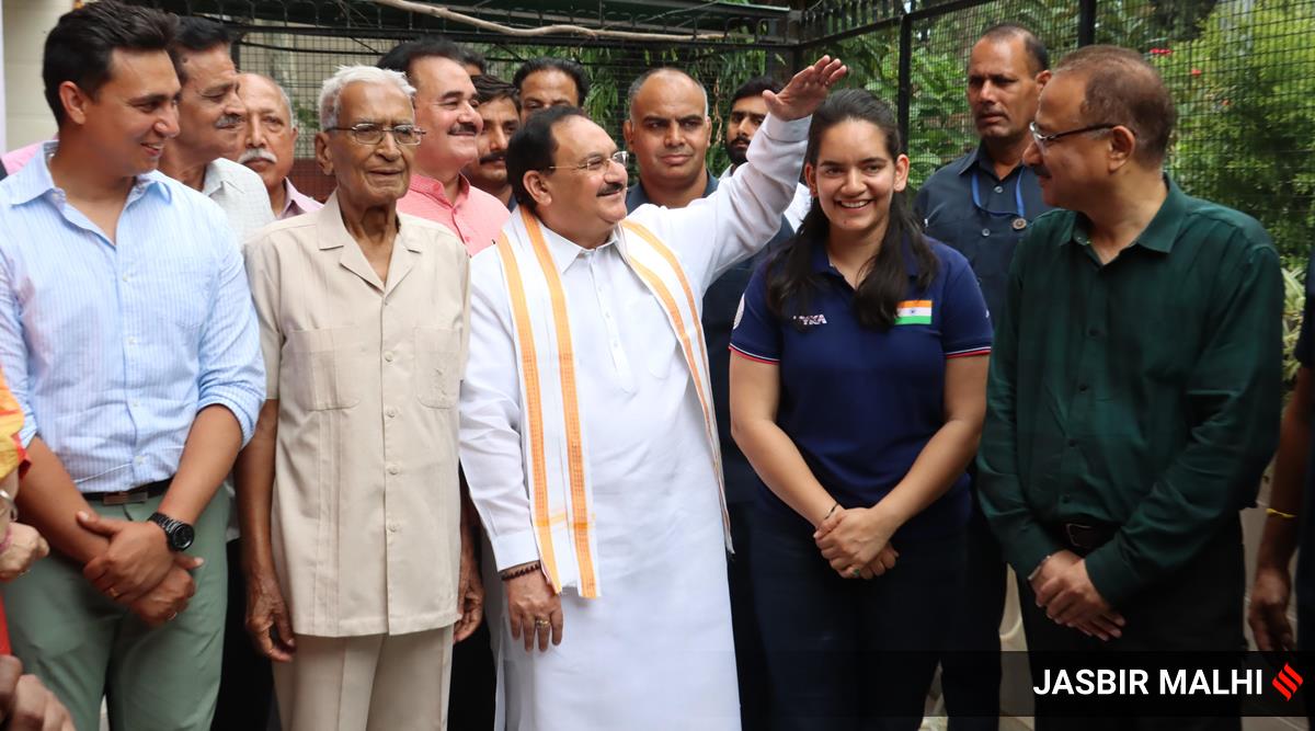 J P Nadda meets shooter Anjum Moudgil, entrepreneur Dr Sanjeev Juneja ...