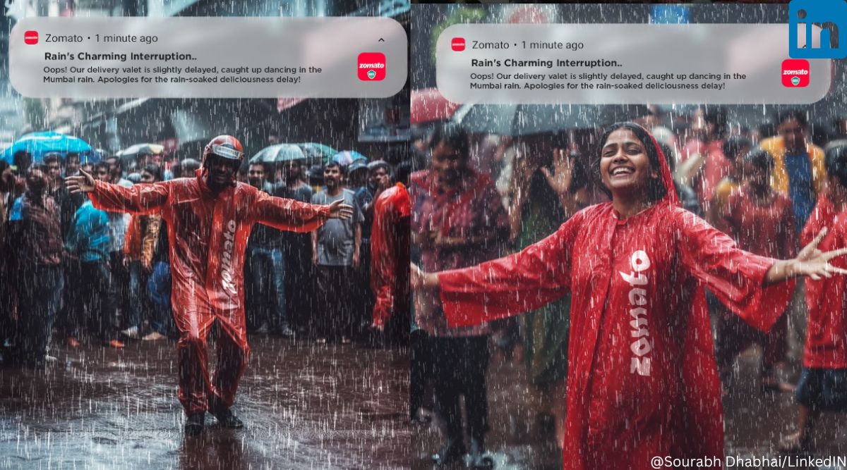 ‘Rain’s Charming Interruption’: AI images show Zomato delivery ...