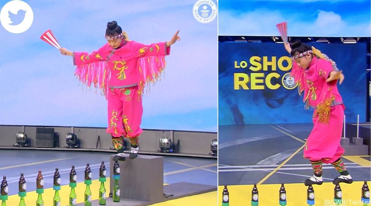 Woman from China walks on glass bottles stacked on glass bottles to ...