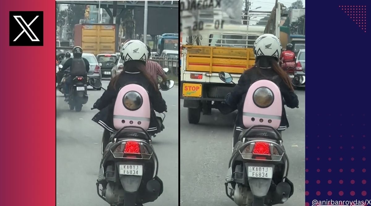 Woman drives scooter with a cat in her backpack in Bengaluru. Watch ...