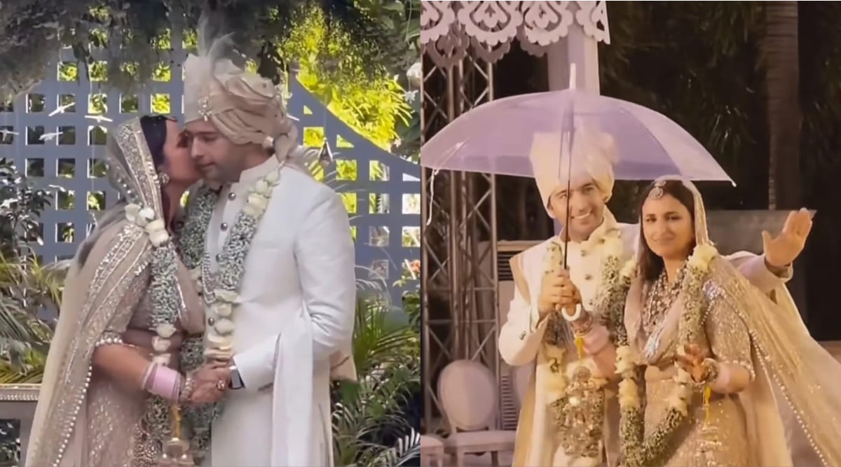 Parineeti Chopra kisses Raghav Chadha after wedding, he holds an umbrella over her as she dances ...