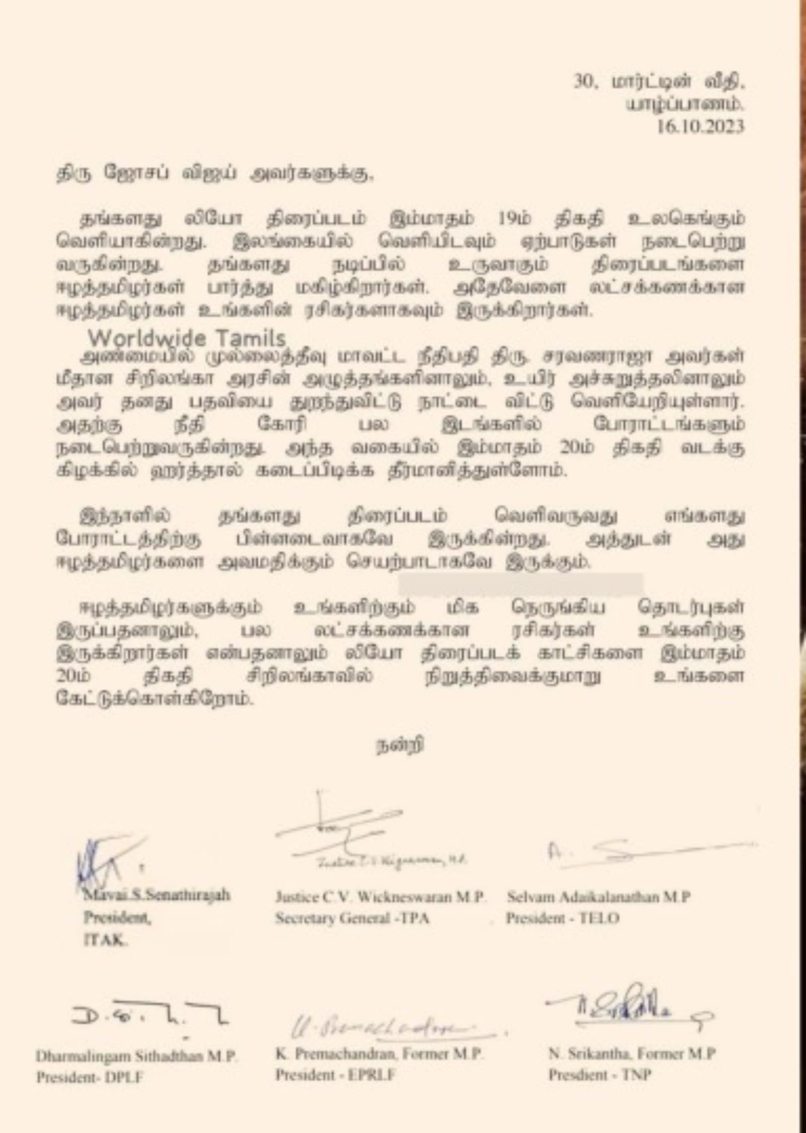 Sri Lankan Tamil MPs ask Vijay to not release Leo in the country