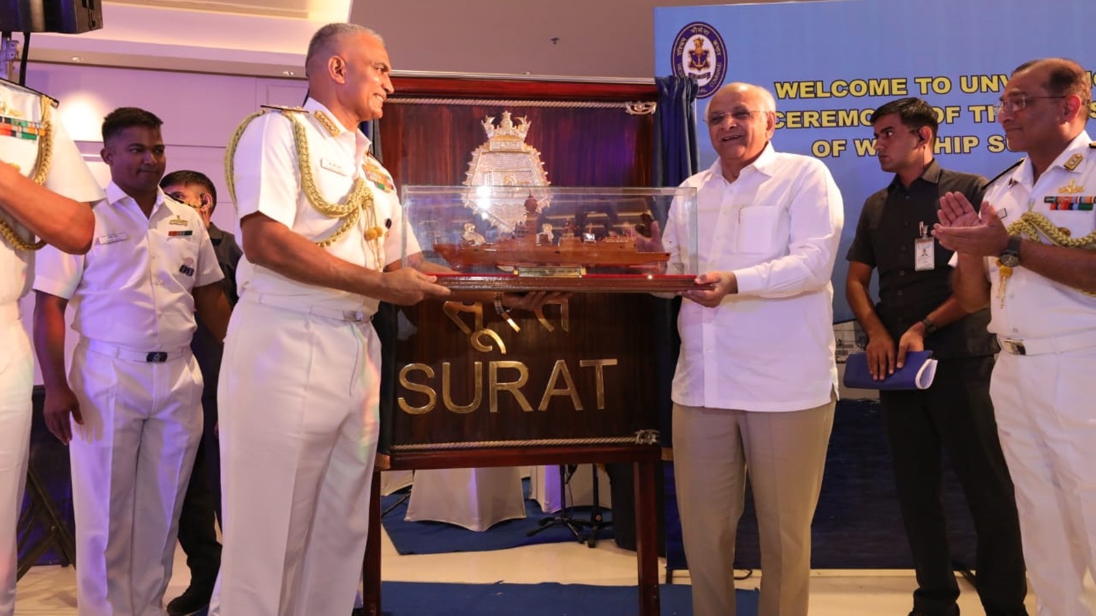Gujarat CM Bhupendra Patel unveils crest of warship ‘Surat’ | Ahmedabad ...