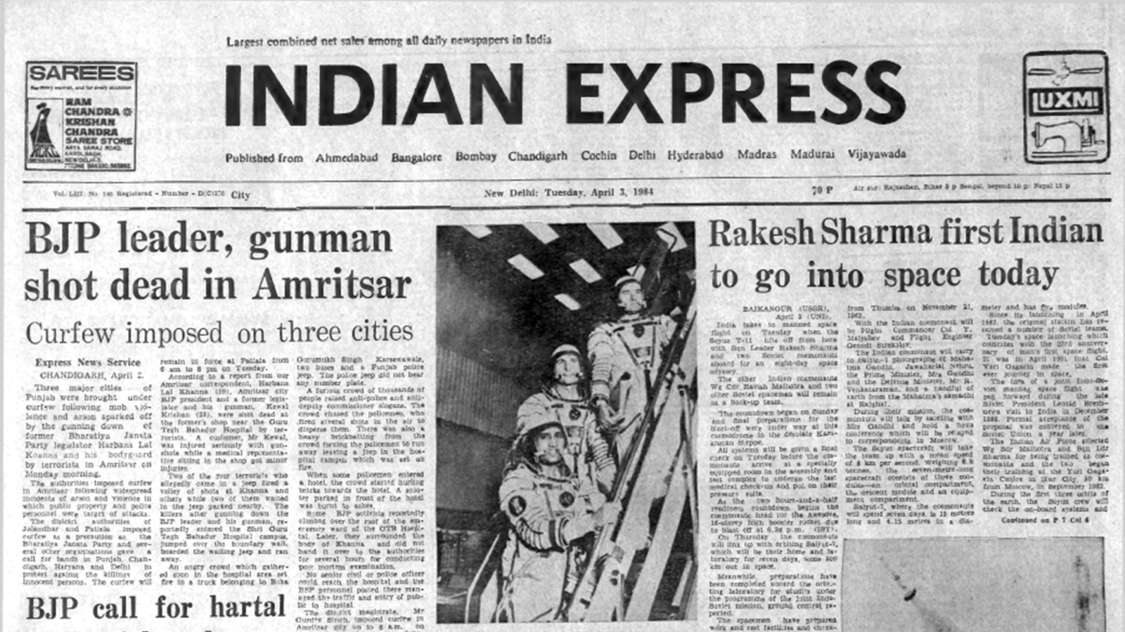 April 3, 1984, Forty Years Ago: BJP leader killed; Punjab under curfew ...