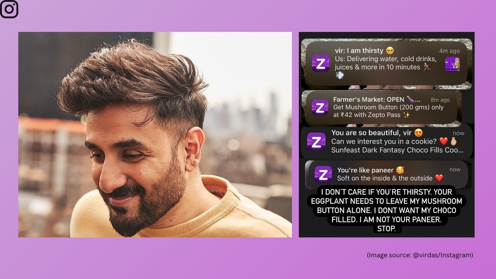 Vir Das hilariously asks Zepto to stop sending notifications, company ...