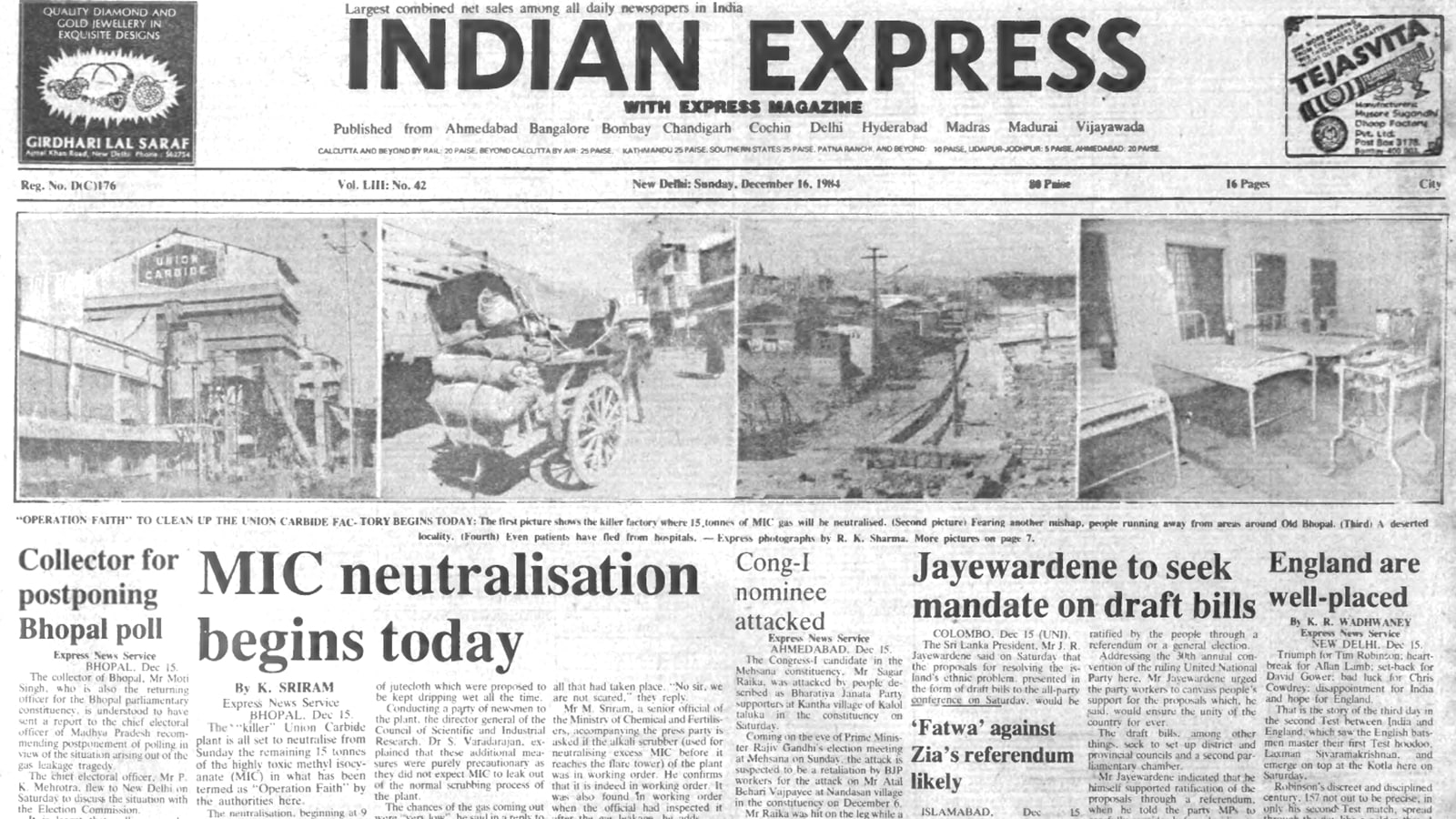December 16, 1984, Forty Years Ago: More than three lakh people flee ...