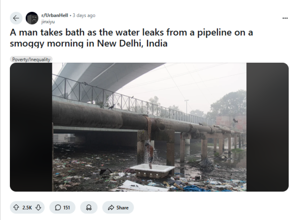 Image of man bathing under leaking pipeline in midst of filthy Delhi ...
