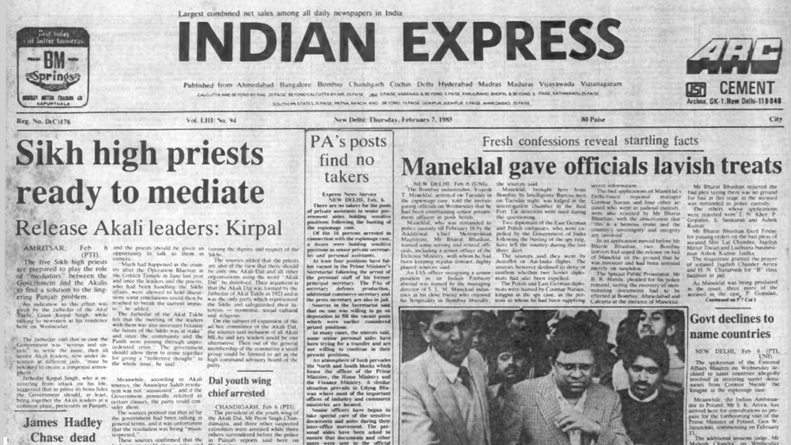 February 7, 1985, Forty Years Ago: Priestly Mediation | The Indian Express