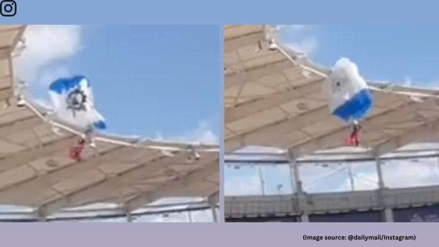 Parachutist’s landing goes wrong, left dangling from rugby stadium’s ...
