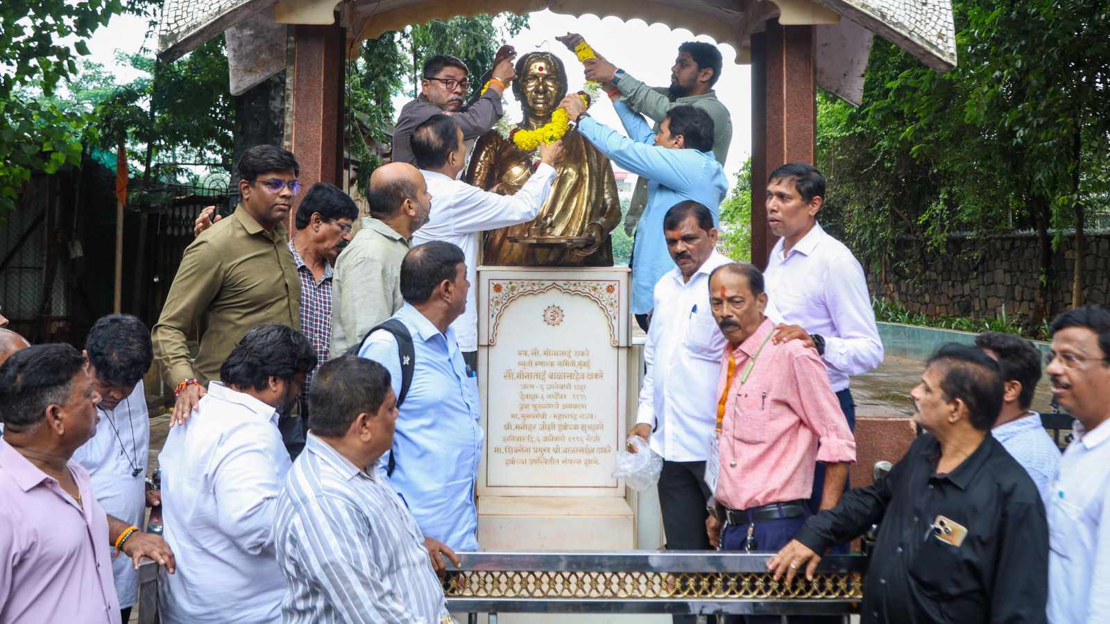 Red paint on statue of Meenatai Thackeray, wife of Bal Thackeray, in ...