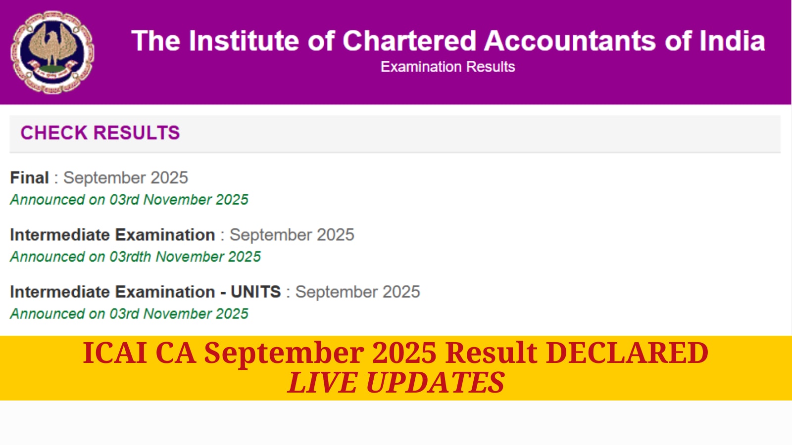 icai.nic.in, ICAI CA September 2025 Result Declared Updates: ICAI CA ...