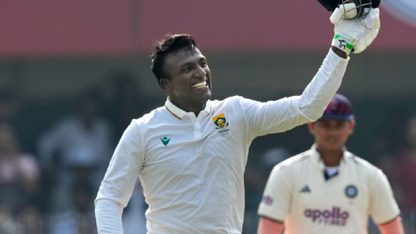 Senuran Muthusamy reacts after scoring century vs India at Guwahati ...
