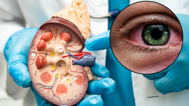 Which eye symptoms suggest advanced kidney disease?