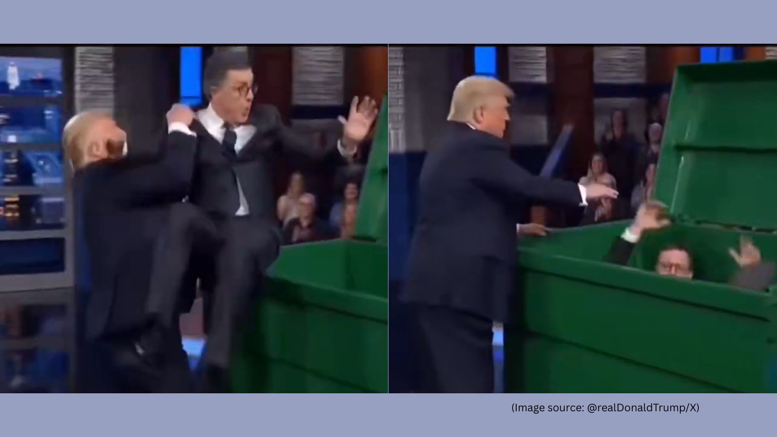 Donald Trump throws Stephen Colbert into a dustbin in AI video ...